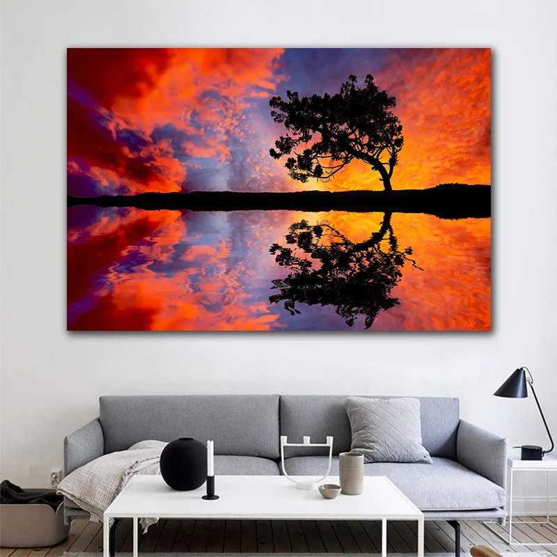 Beautiful Lakeside Sunset Boat Modern Design Home Decor Canvas Print ...