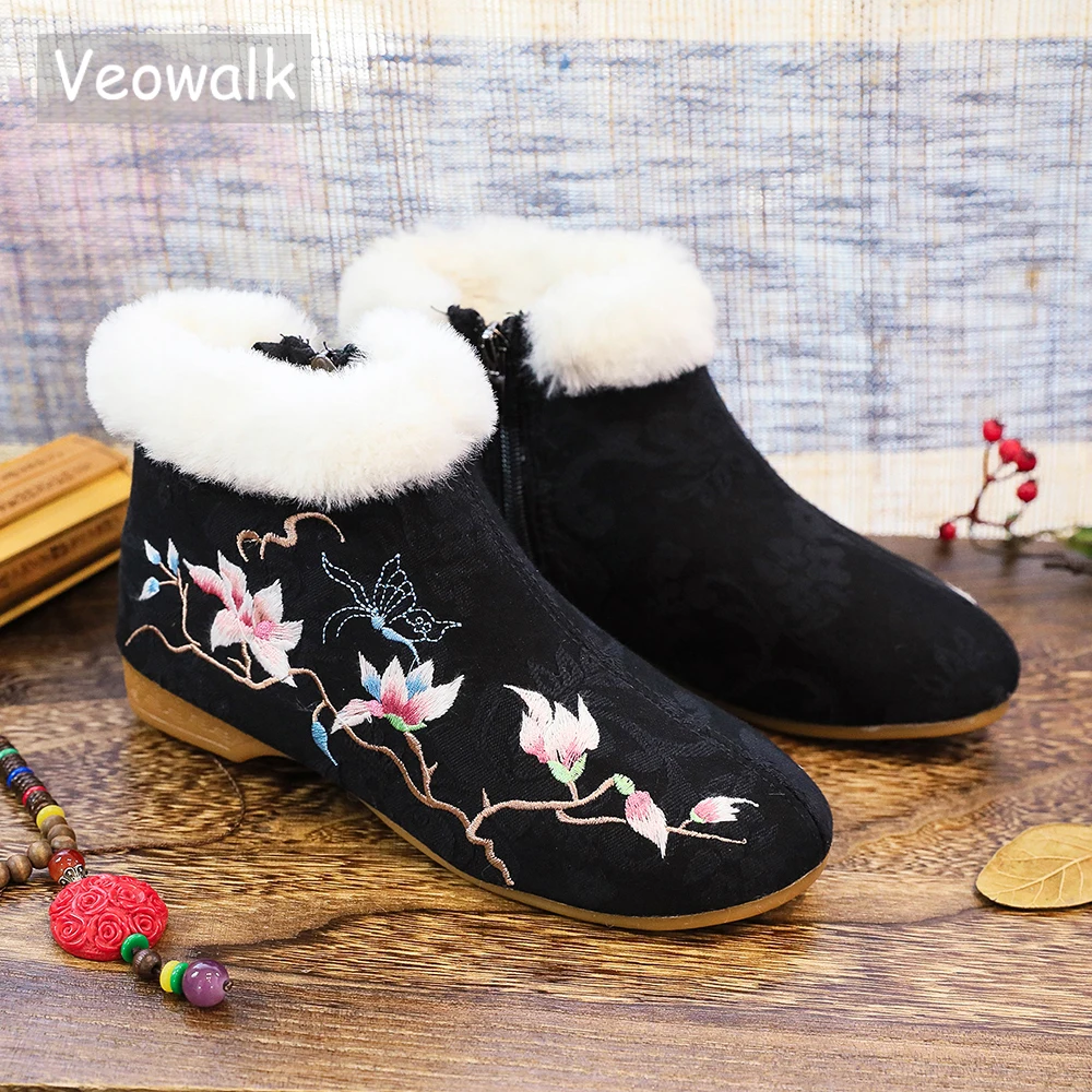 Veowalk Botines planos de lona con flores bordadas para mujer, botas ...