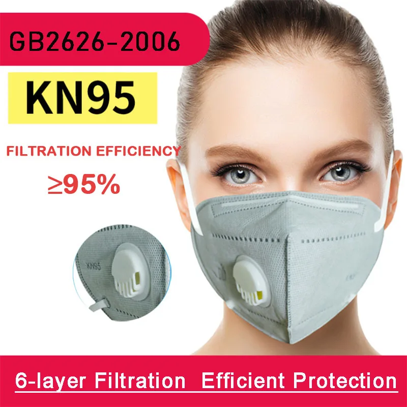 1 50Pcs KN95 Mouth Mask Valved Facial Masks Respirator 6 Layers Filter Same As N95 Ffp2 Muffle 