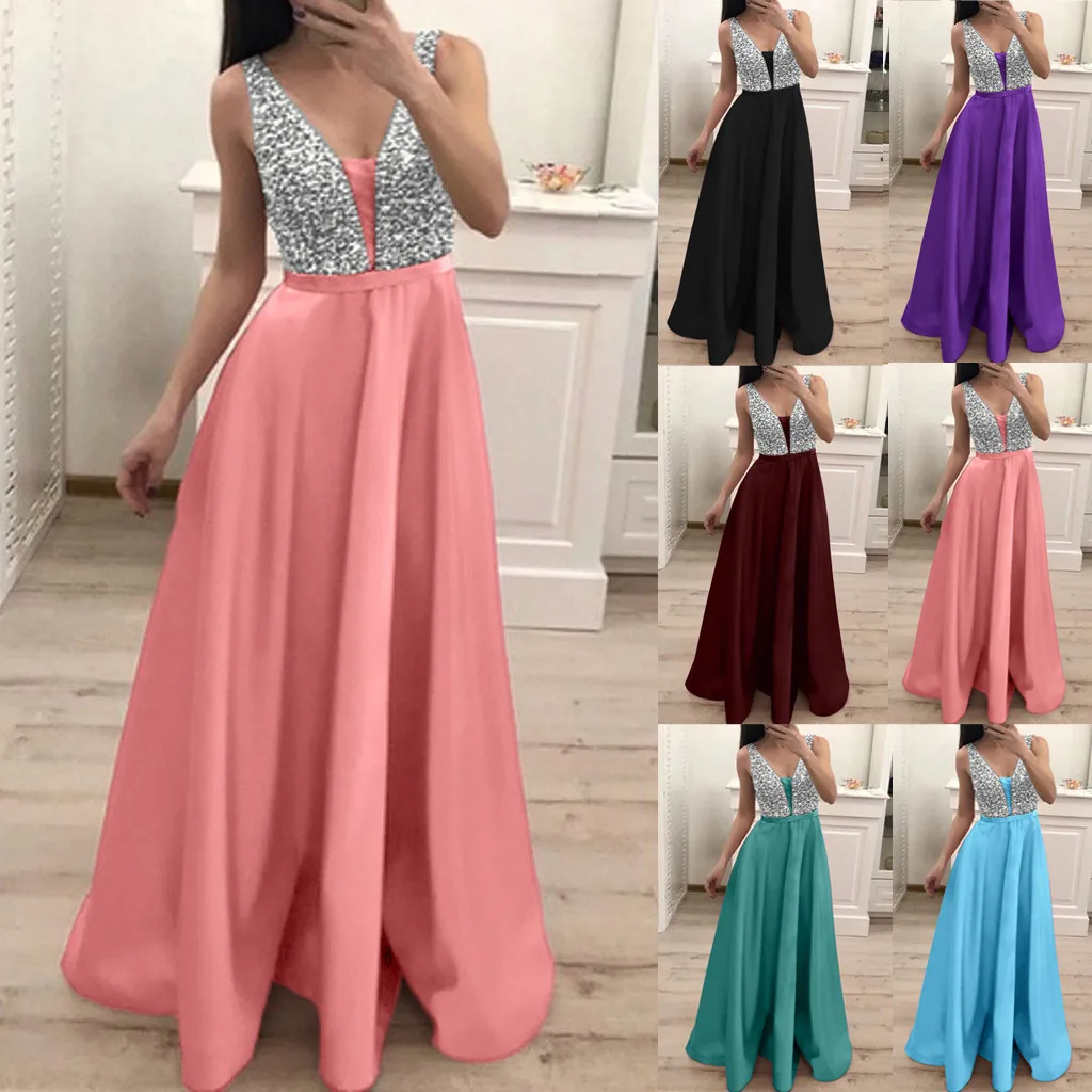 Gaun Payet Fashion Wanita Gaun Pesta Malam Panjang Leher v Tanpa Lengan ...
