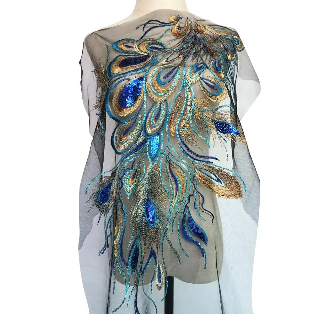Large-Blue-Sequins-Phoenix-Peacock-Feather-Embroidered-Mesh-Appliques ...