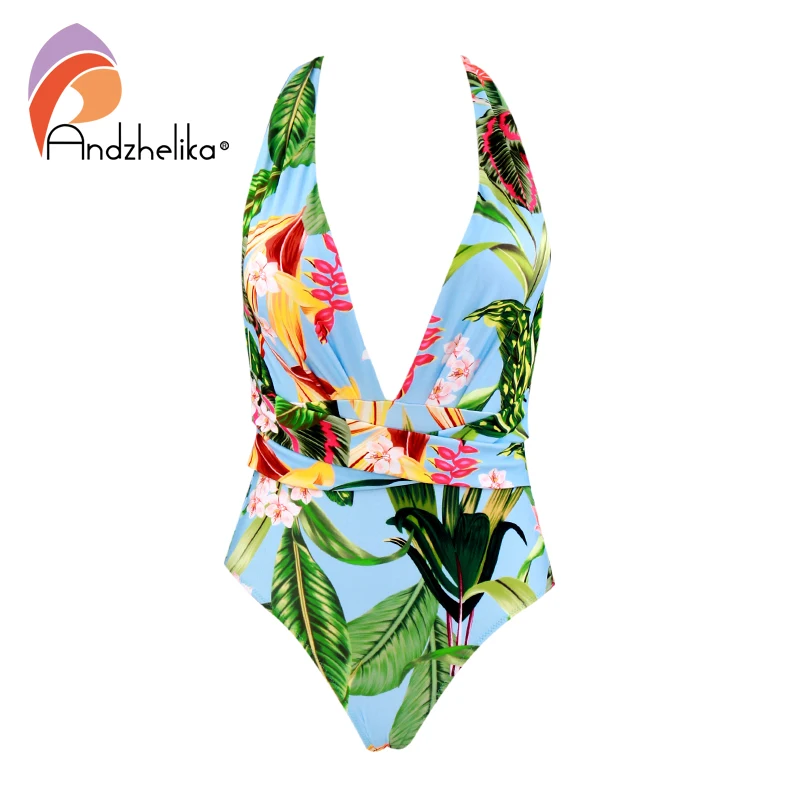 Andzhelika-Floral-Leaves-V-Neck-One-Piece-Swimsuit-Women-Halter ...