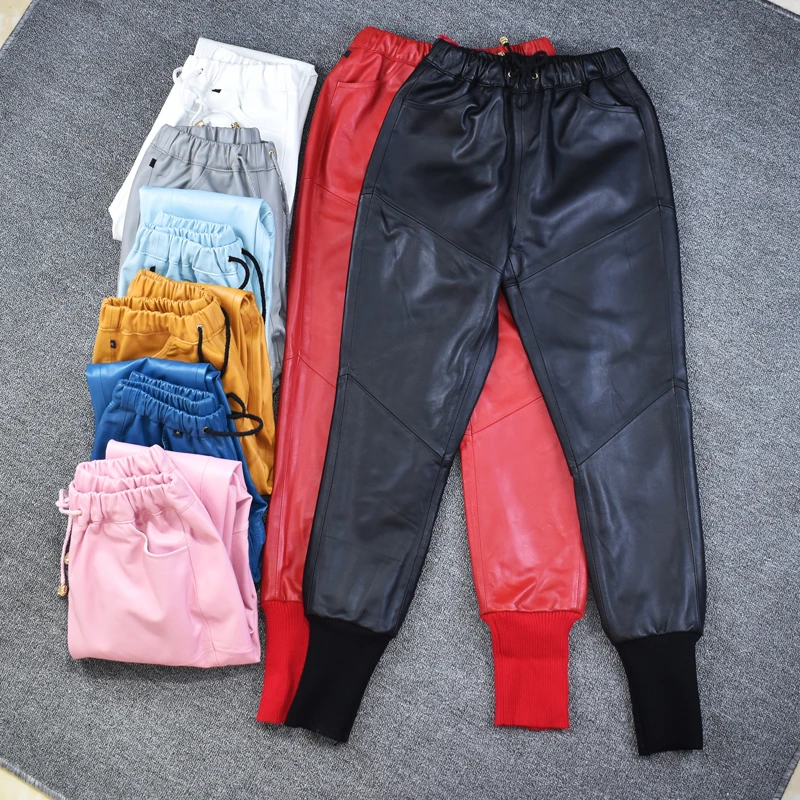 Autumn-winter-fashion-drawstring-Genuine-sheep-leather-pants-female ...