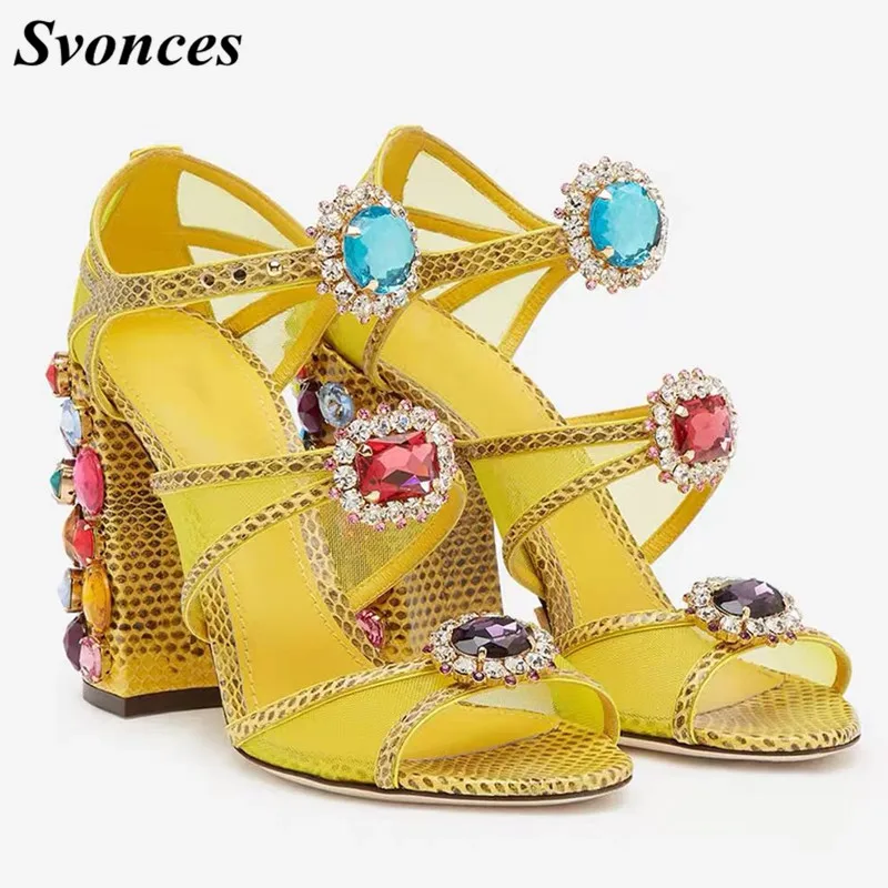 Yellow Snakeskin Color Rhinestone Sandals Thick Heel Retro Mary Jane ...
