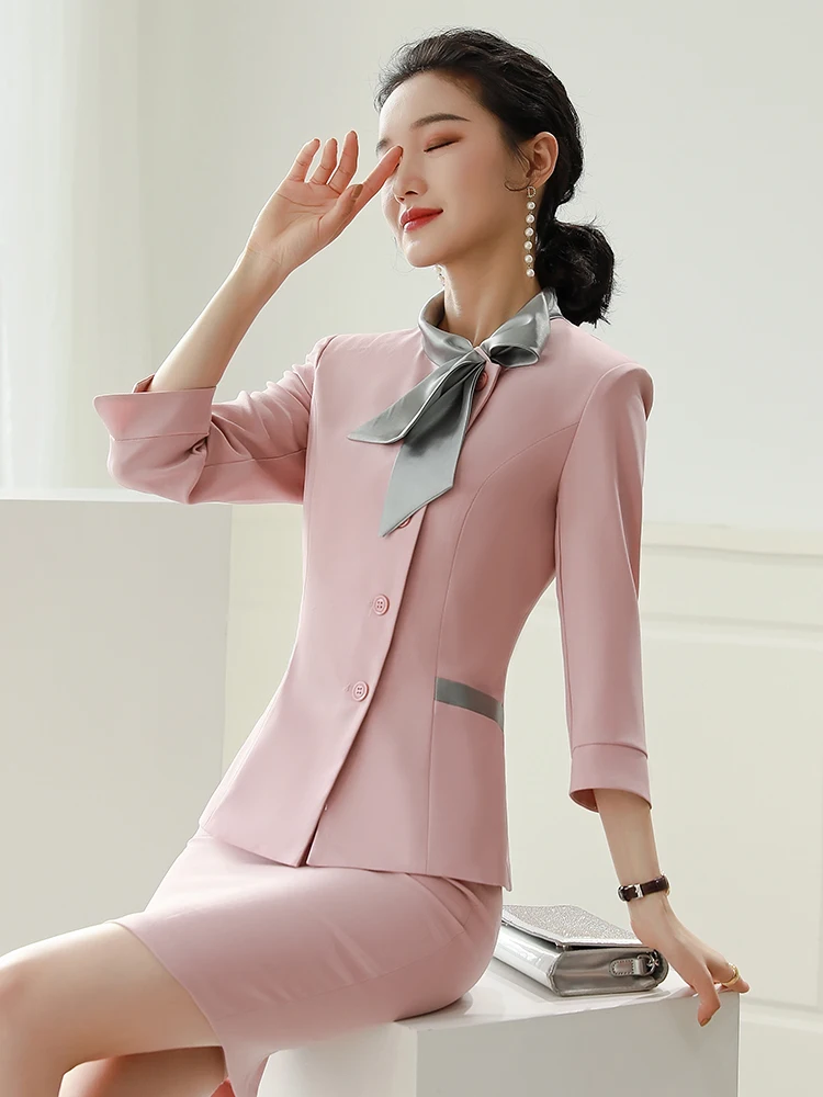 New-2020-Fashion-Pink-Blazer-Women-Business-Suits-Black-Skirt-and ...