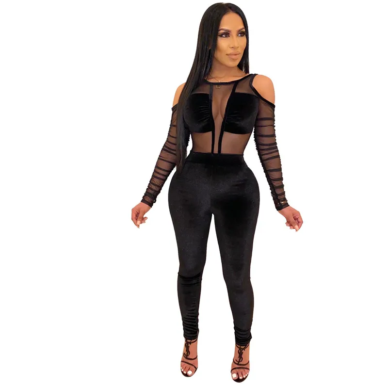 Adogirl Sheer Mesh Patchwork Velvet Jumpsuit Women Sexy Cold Shoulder ...