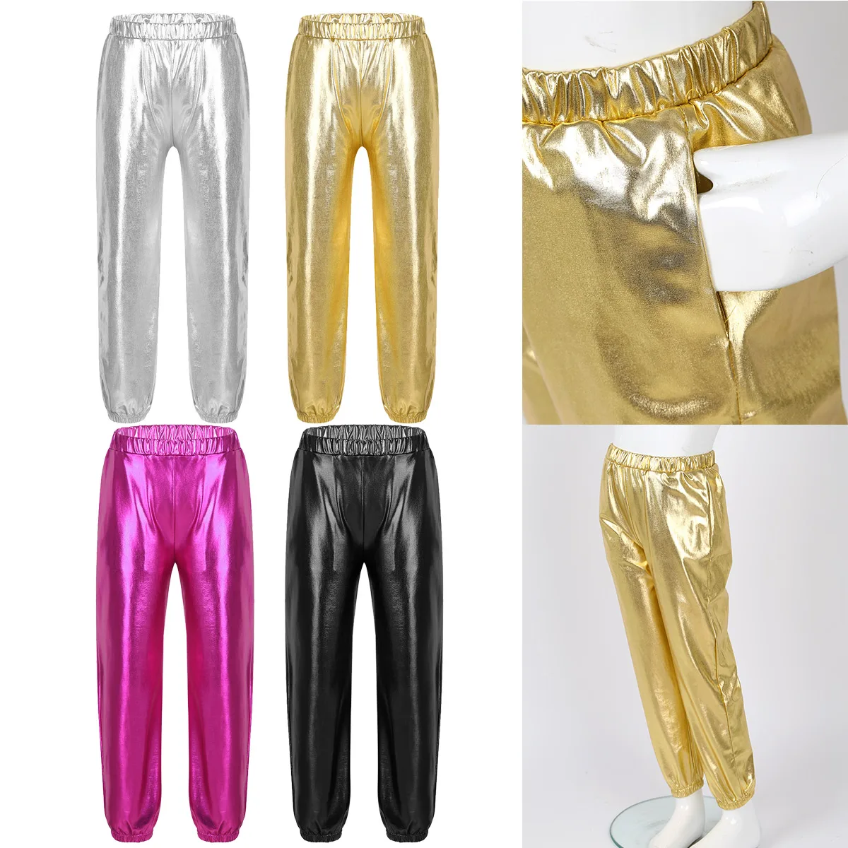 Kids Girls Hip Hop Jazz Dance Pants Glossy Metallic Elastic High Waist ...