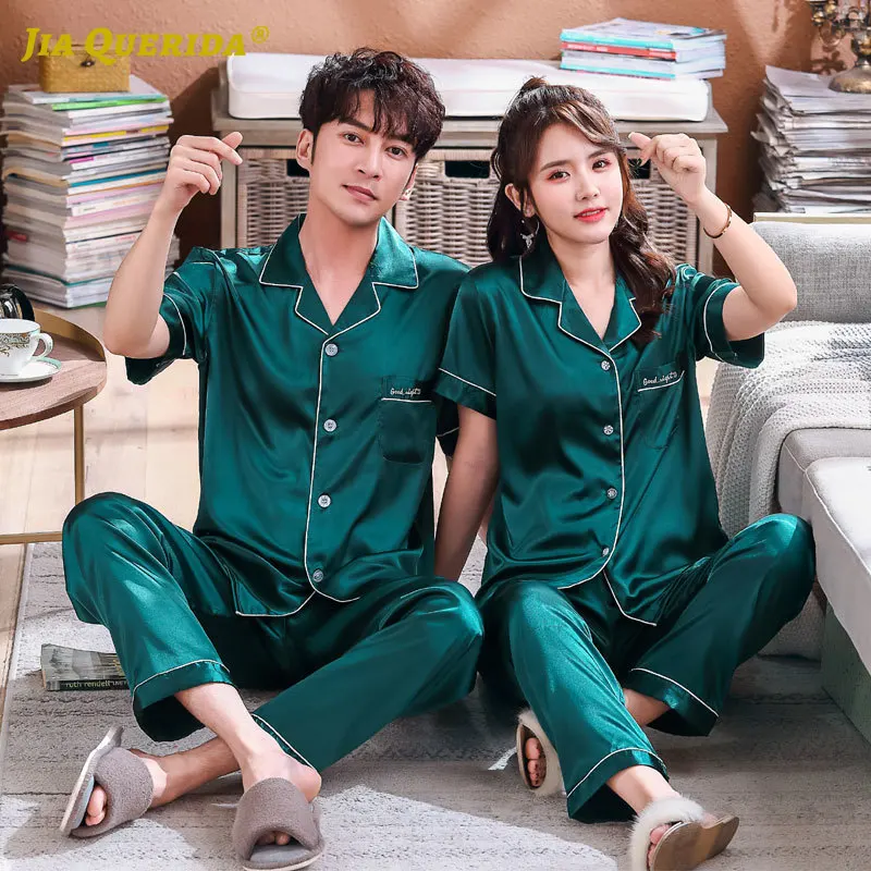 Green Turn Down Collar Imitated Silk Satin Silk Pajamas Set Homesuit ...