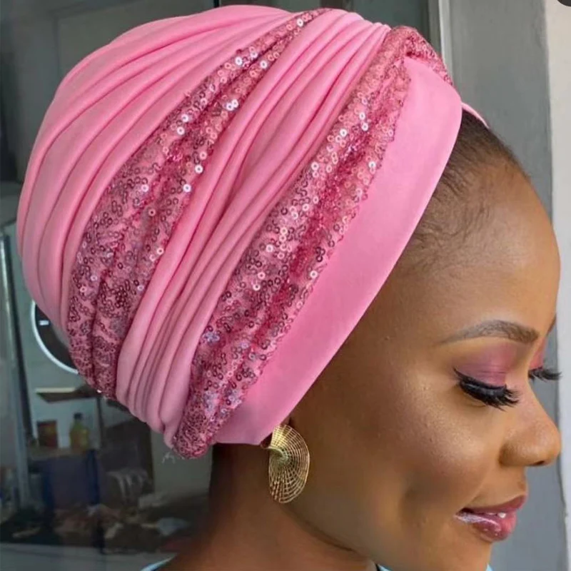 Summer Breathable Sequins Turban Cap Women's Head Wraps Muslim ...