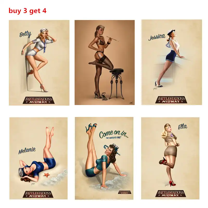 PINUP GIRLS Classic World War II Vintage Retro Kraft Paper Poster pink up girl Decorative ...