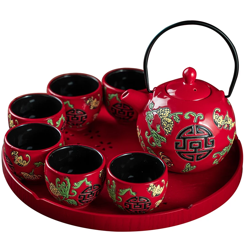 China-Red-Ceramic-Tea-Set-Home-Teapot-6-Teacups-Kung-Fu-Black-Tea-Jin ...