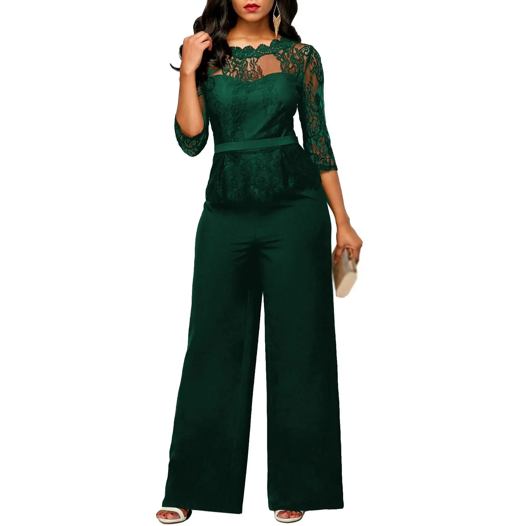 Elegant Women Wide Leg Jumpsuit Lace Patchwork Sexy Rompers Streetwear ...