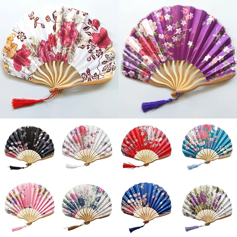 Hand-Fold-Fan-Vintage-Style-Bamboo-Wood-Silk-Flower-Japanese-Chinese ...