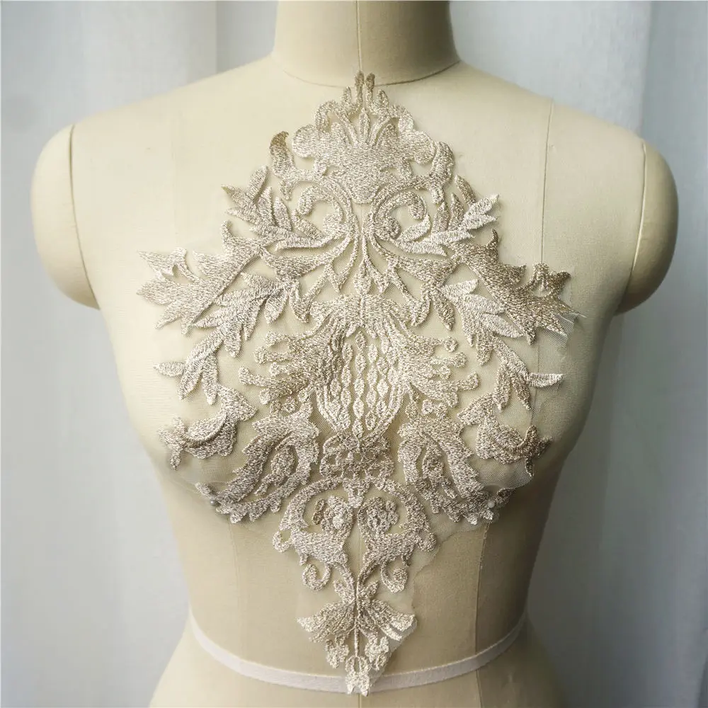 Gold Thread Lace Fabric Flora Embroidered Wedding Gown Appliques ...
