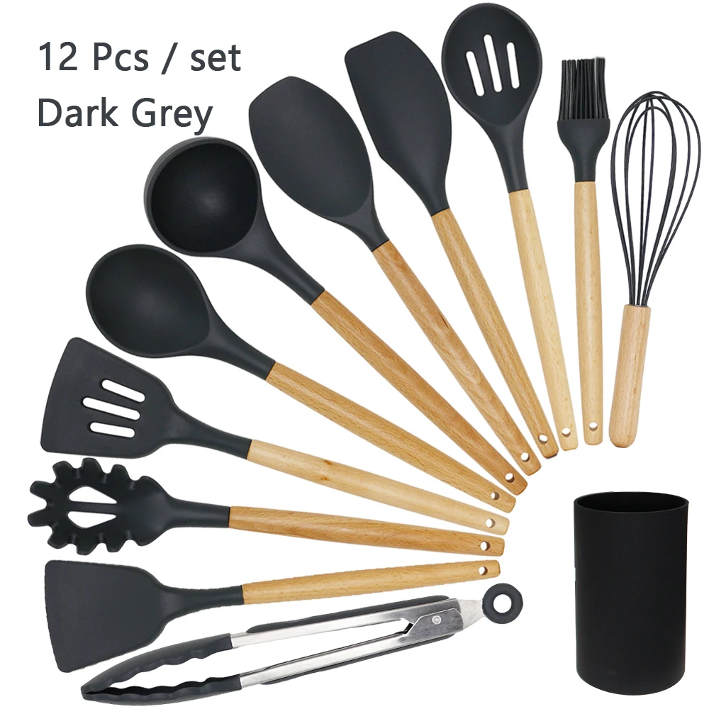 Best Silicone Cooking Utensil Set Wooden Handle Spatula Soup Spoon ...