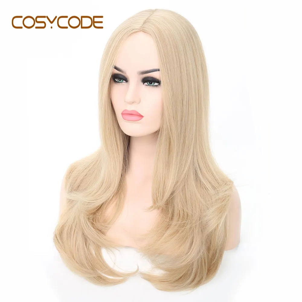 COSYCODE Blonde Women Wig with Wavy Ends 24 inch Long Middle Part Non-Lace Synthetic Costume Wig ...