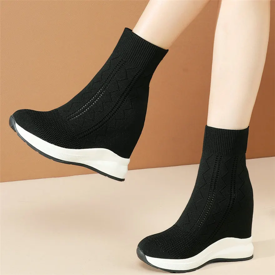 Women Knitting Wedges High Heel Ankle Boots Female High Top Round Toe ...