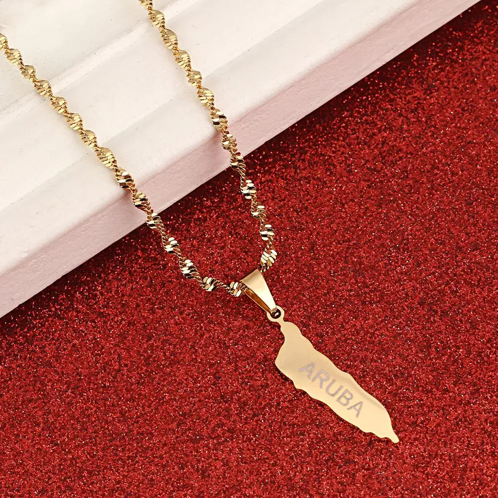 Stainless Steel Gold Color Aruba Map Pendant Necklace Caribbean Islands ...
