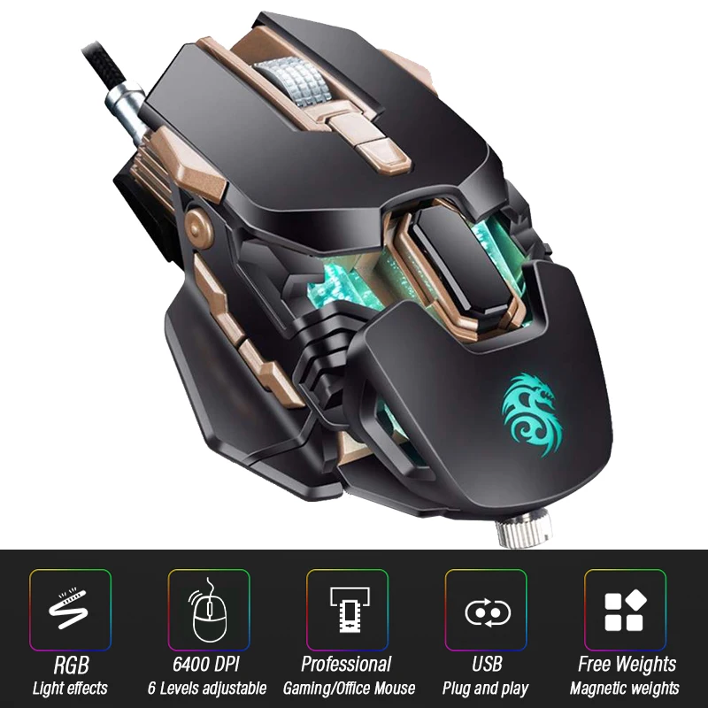 Ergonomic-Wired-Black-Gold-Gaming-Mouse-Gamer-Adjustable-Tail-Changeable-Button-Mice-With ...