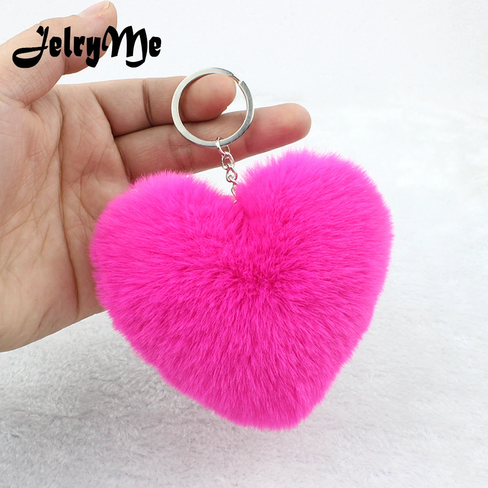 10CM Cute Fluffy Heart Keychains Women's Pom Poms Faux Rex Rabbit Fur ...