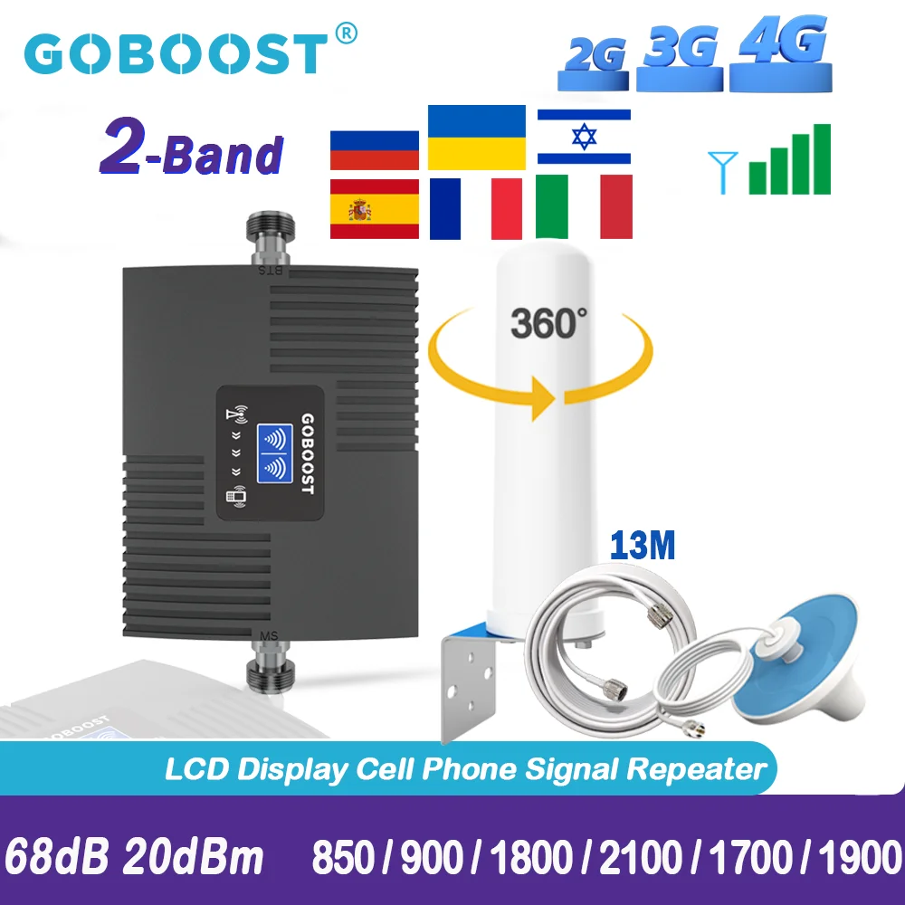 GOBOOST 2 밴드 신호 부스터 셀룰러 증폭기 850 900 1700 1800 1900 2100 MHz 2G 3G 4G LTE 네트워크 리피터 (안테나 키트 포함)|신호 ...