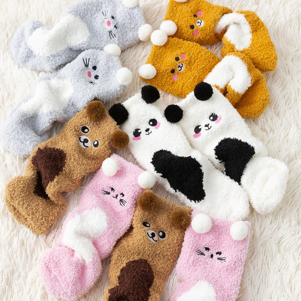 Women Cute Cartoon Animal Fuzzy Socks Winter Warm Fleece Kawaii Panda ...