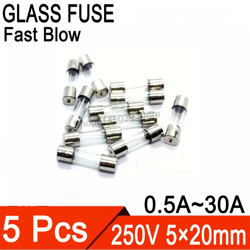 Fusible de vidrio de soplado rápido, tubo de 500MA, 1A, 2A, 3A, 3,15a, 4A, 5A, 6A, 7A, 8A, 10A ...