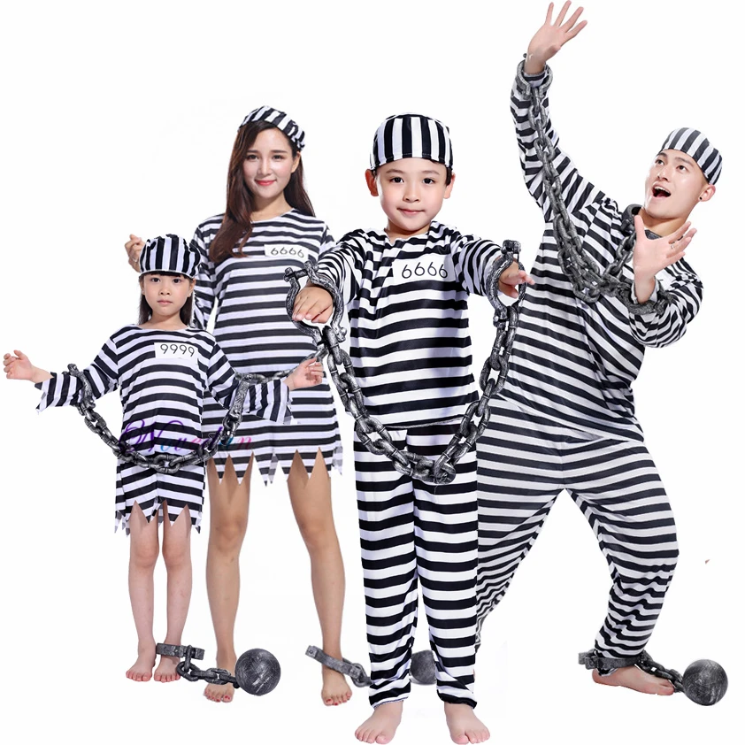 Adult Kids Striped Prisoner Costume Prison Suit Uniform Chains Family ...