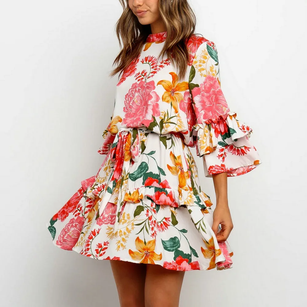 Women Dress 2020 Spring Colorful Floral Print A Line Dress Ruffle Three ...