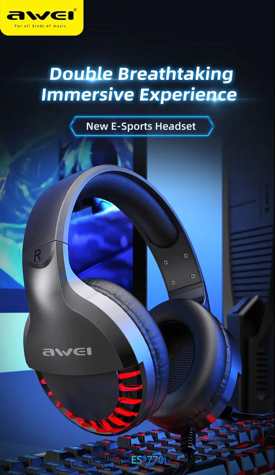 Awei Head-Mounted for Gaming with Microphone E-Sports Wired Headset ES ...