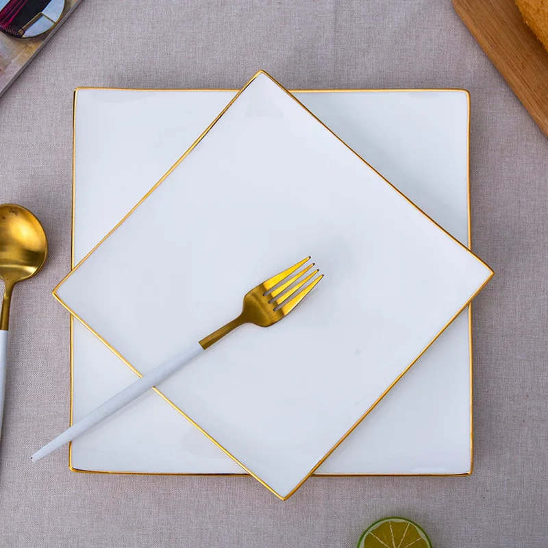 Bone China Square Dinner Plates with Golden Rim Nordic Hotel Display ...
