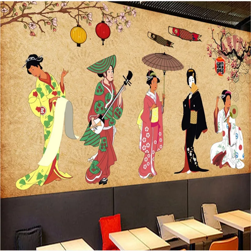 Retro Japanese Geishas Mural Catering Restaurant Sushi Shop Background ...