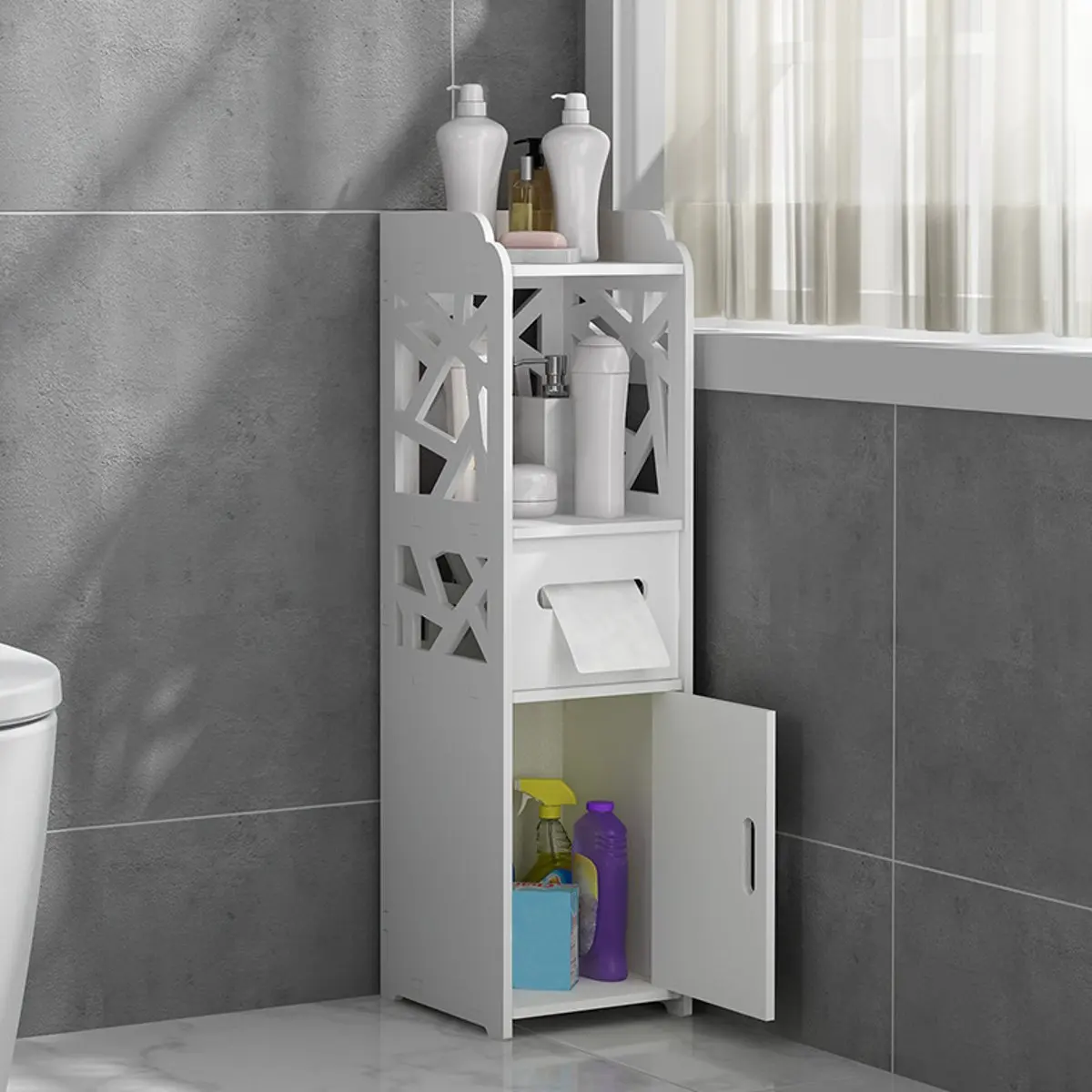 Bathroom Storage Corner Floor Standing Cabinet with Doors and Shelves ...