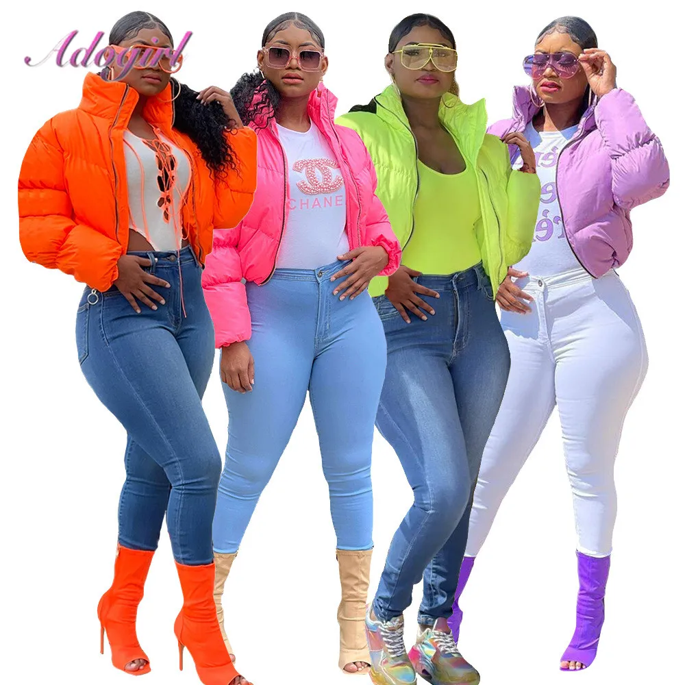 Women Winter Parka Coat Casual Neon Color Long Sleeve Zippers Warm ...