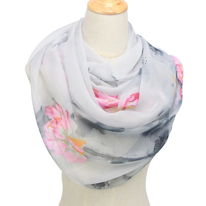 Fashion Women Ultra Thin Long Chiffon Flower Print Silk Scarves Spring ...