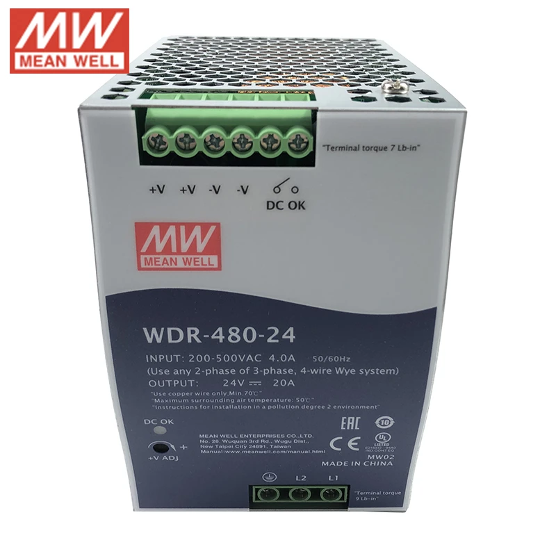 MEAN WELL WDR 480 24 24V 와이드 입력 산업용 DIN 레일 전원 공급 장치 480 180 V AC 24V DC ...
