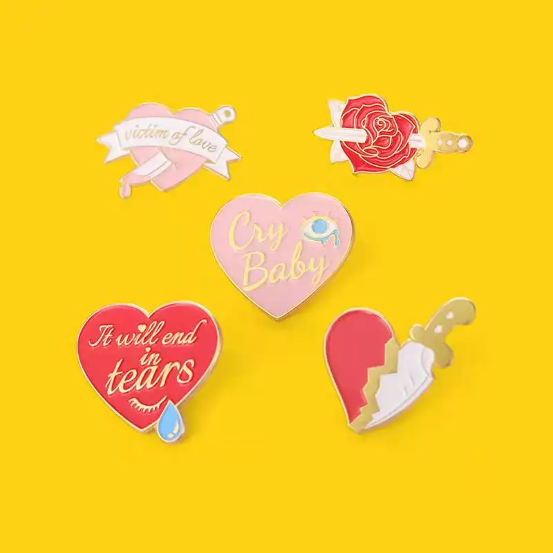 Cry Baby Heart Love Enamel Pins Rose Dagger Tears Brooch Lapel Pin Pink ...