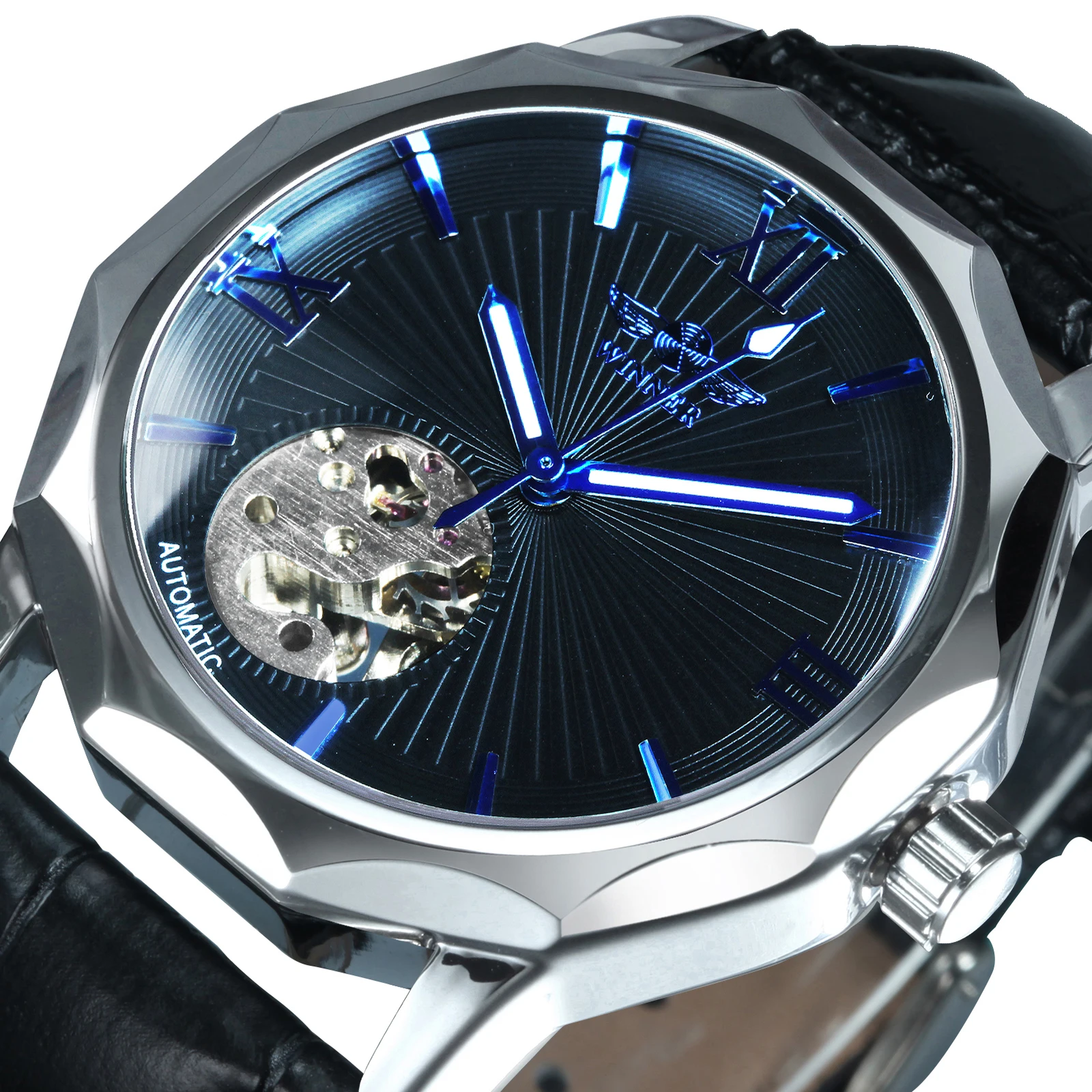Winner Blue Ocean Geometry Design Transparent Skeleton Mens Watches Top ...