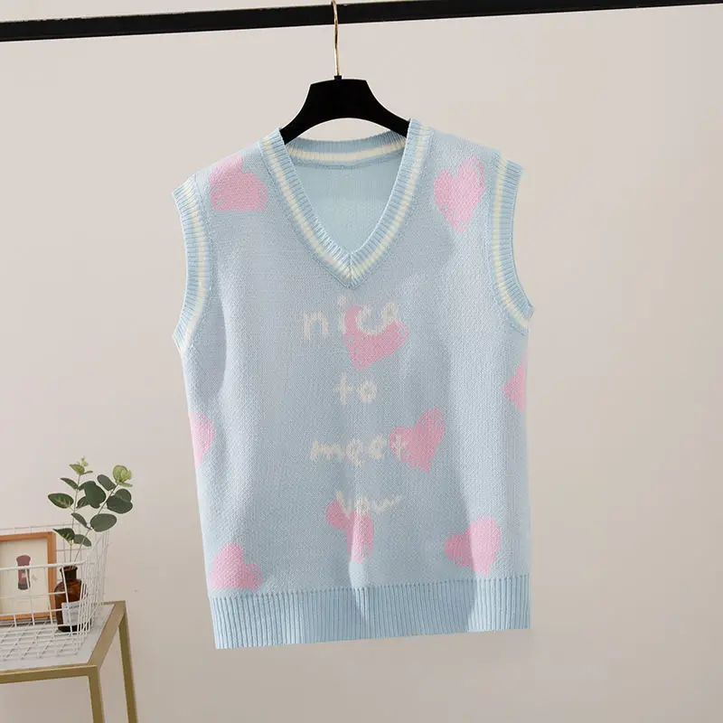 Blue Love heart New Spring Fall V neck Girls' Sweater Vest Loose Knit ...