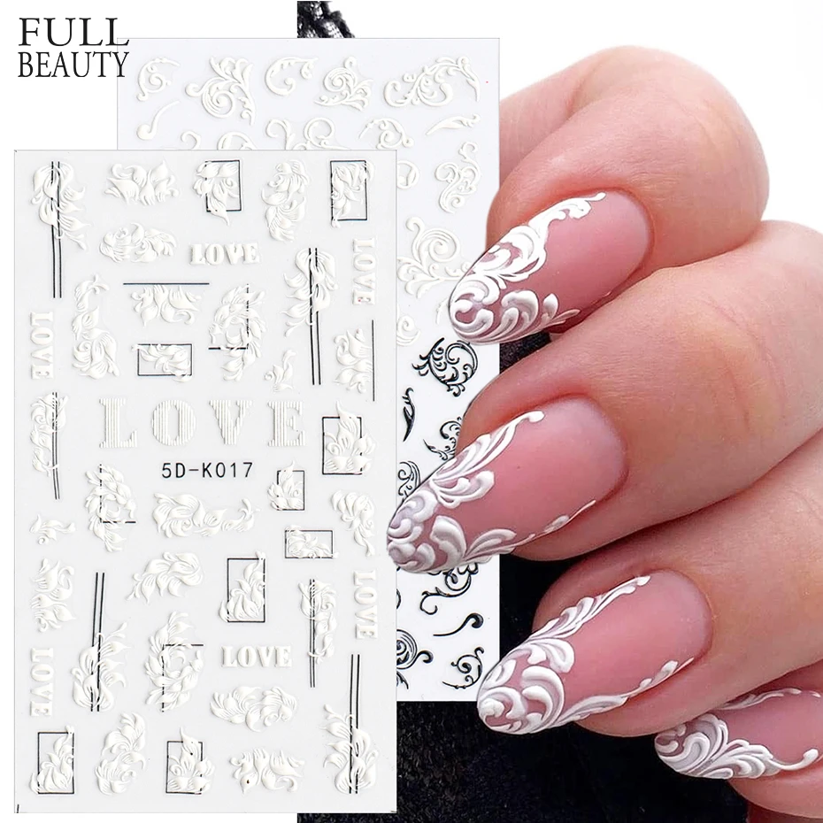 5d Acrylic Engraved Nail Sticker White Embossed Flower Sliders Nail Art ...