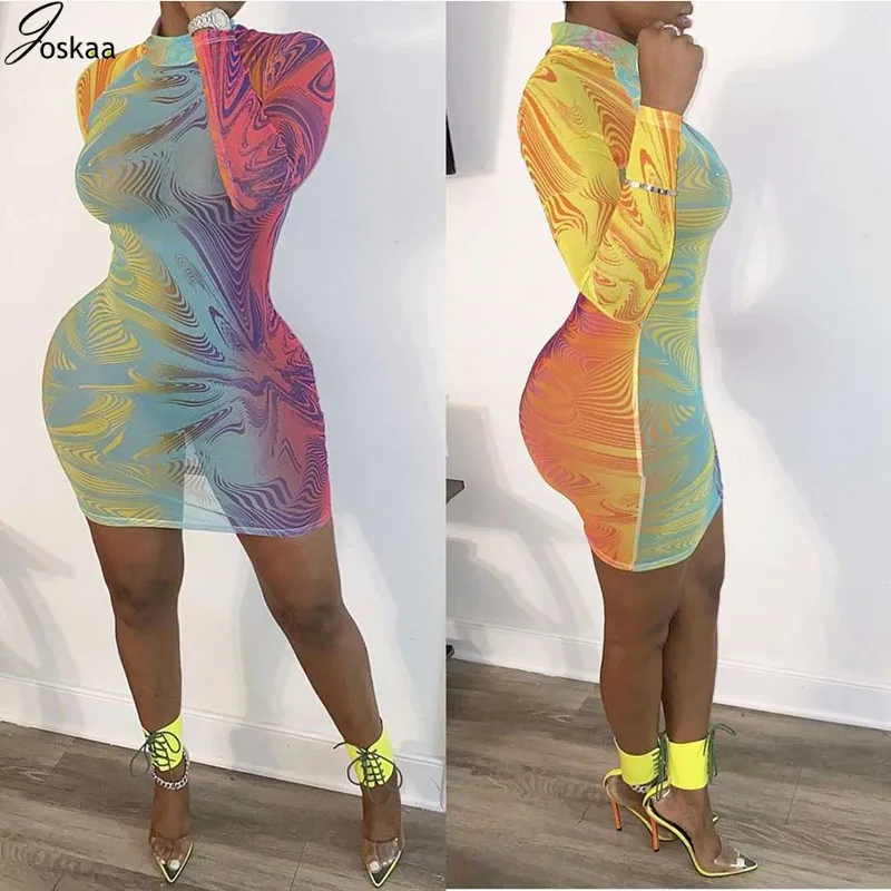 Joskaa Print sexy mesh slim skinny dresses new long sleeve female ...