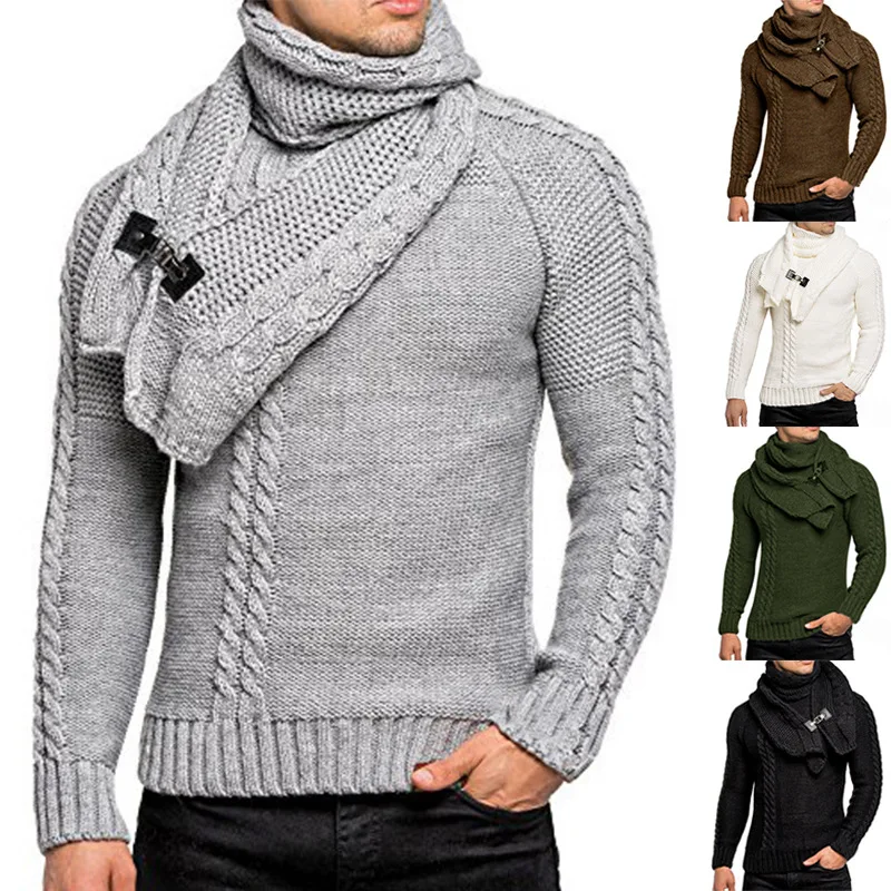 Fashion-Men-Knitted-Sweater-and-Horn-Buckle-Scarf-Detachable-Long ...