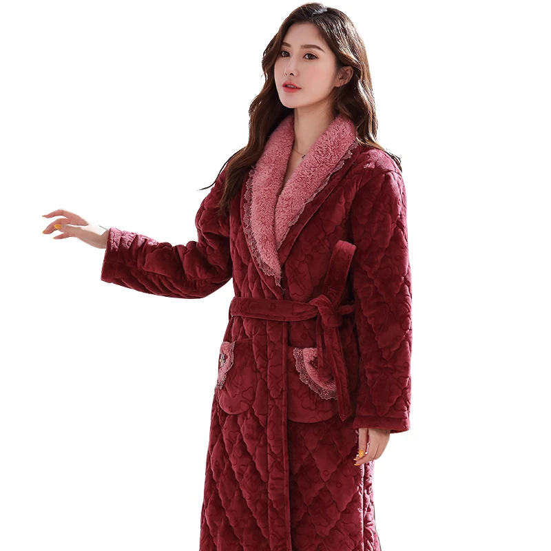 Luxury Red Flannel Quilted Robe Female Thick Elegant Dressing Gown Warm ...