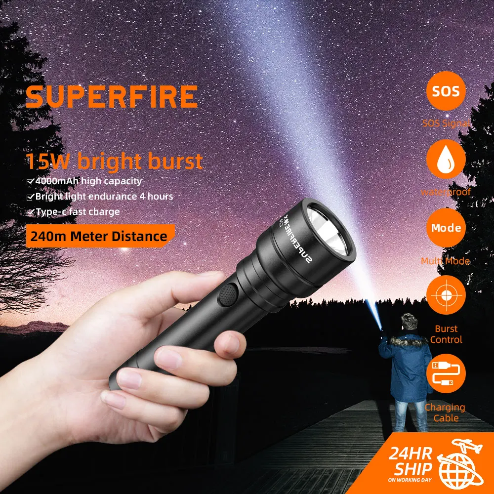 Superfire C20-t 15w Flashlight Zoomable Usb Rechargeable Ultra Bright ...