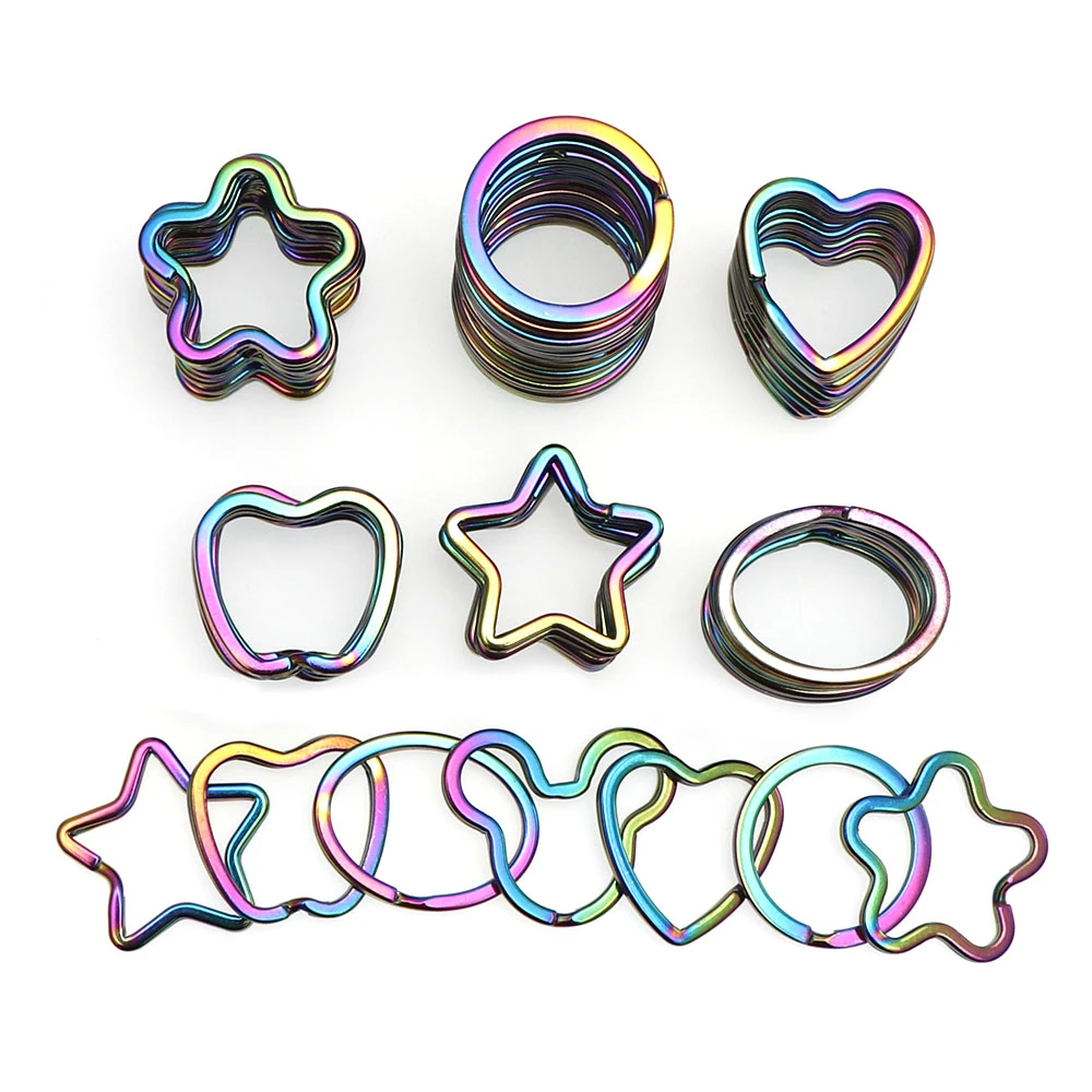 10pc 3pc Rainbow Split Ring Heart Star Apple Keychains Metal Key Chain ...