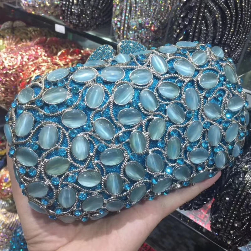 Large Stone Blue Evening Bags Diamond Silver Metal Bridesmaid Purses ...