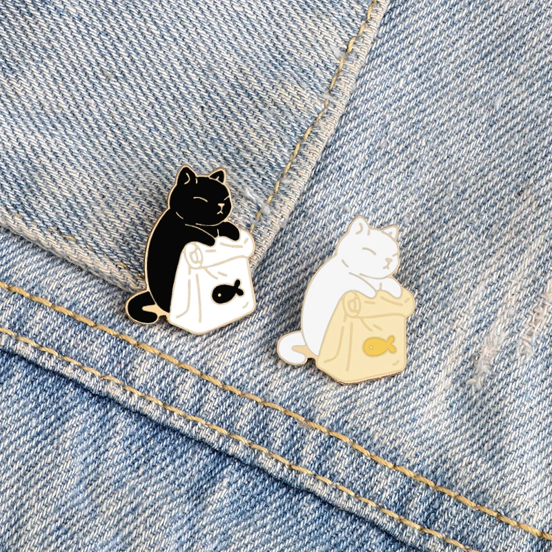 Cute-Black-White-Cats-Enamel-Pins-Dried-Fish-Bag-Brooch-Cartoon-Animal ...