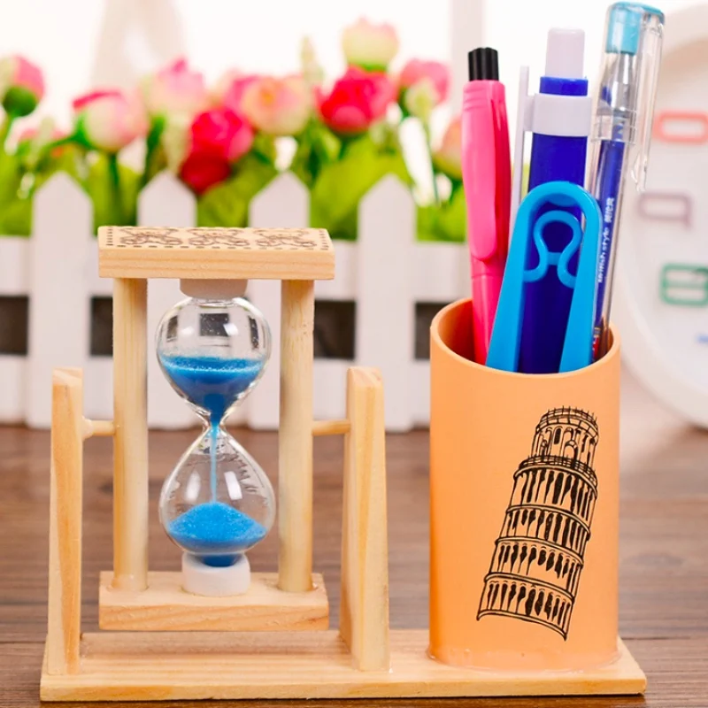 Wooden Pencil Stand Timer Wood Pen Holder Office Desk Accessories with ...