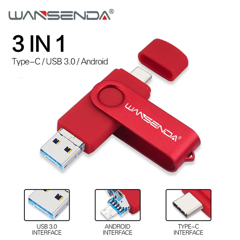 WANSENDA USB Flash Drive 3 IN 1 USB 3.0 & Type C & Micro USB Stick OTG ...