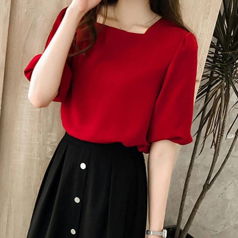Summer Red Chiffon Blouse Women Casual Solid Color Basic Shirt Fashion ...